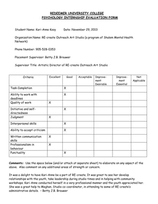 College Student Evaluation Form