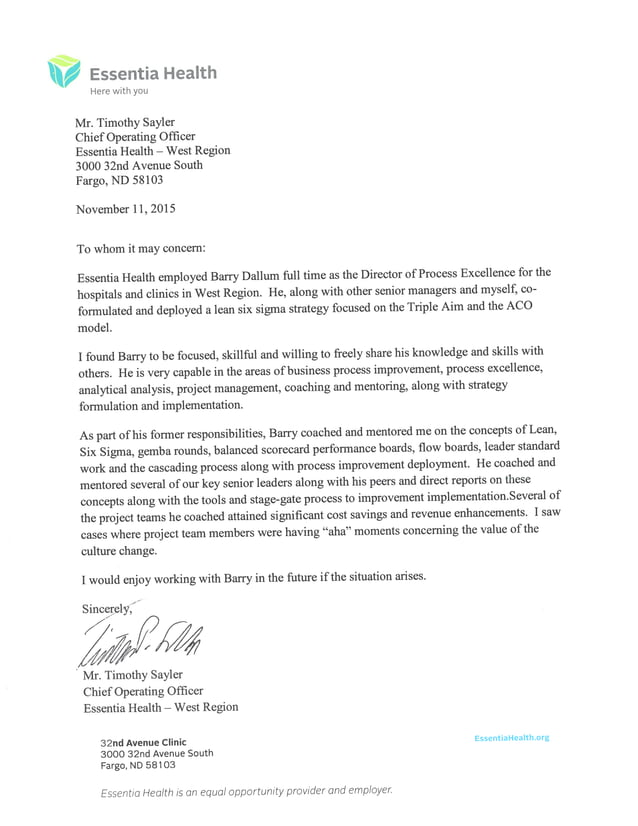 recommendation letter from COO Essentia Health | PDF