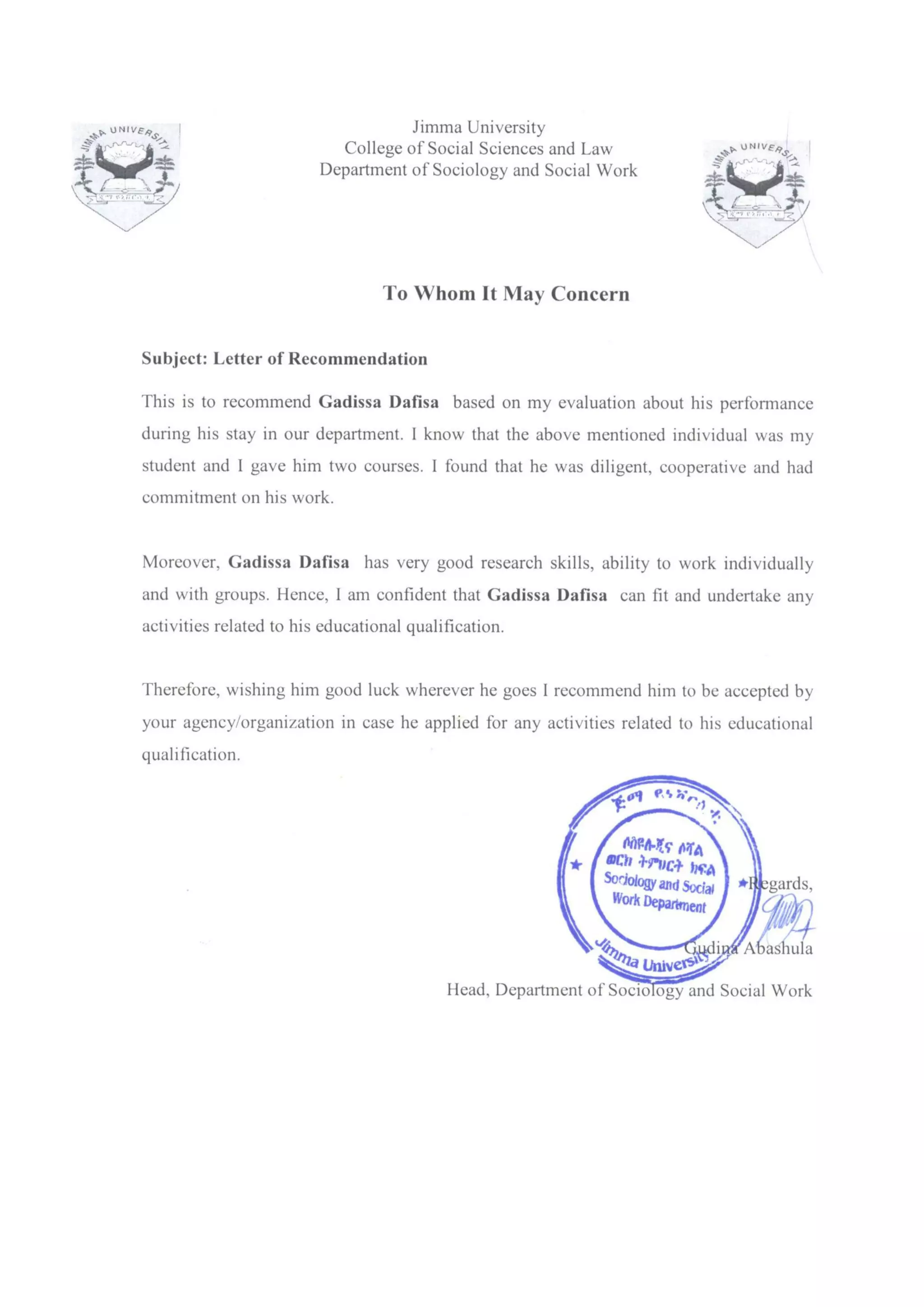 recommendation letter-dept head | PDF