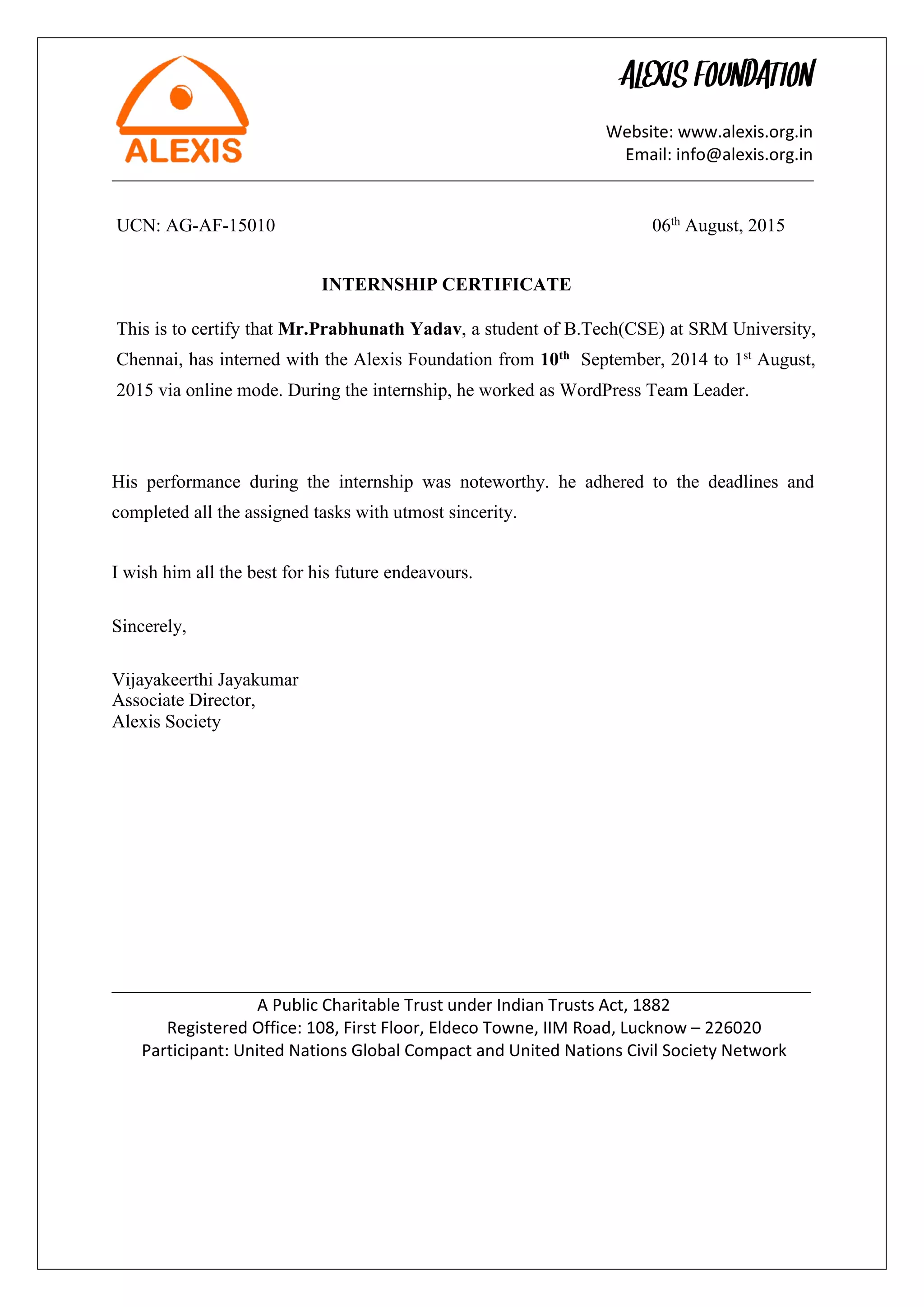 Alexis Foundation Certificate_Prabhunath Yadav | PDF