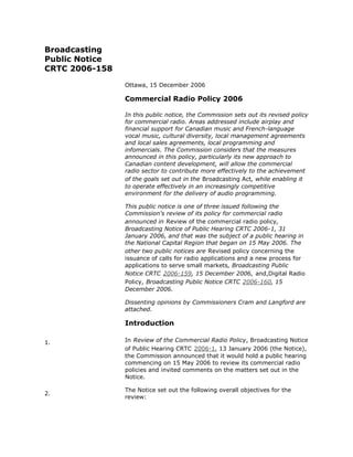 CRTC Dec 2006 - Commercial Radio Policy 2006 Doc 137, 140, 144 | PDF