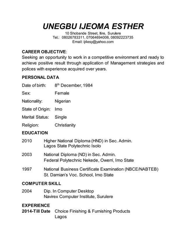 UNEGBU IJEOMA ESTHER CV | PDF