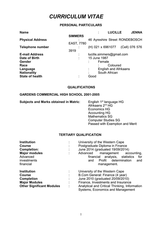 Lucille Simmers CV 2015 | PDF
