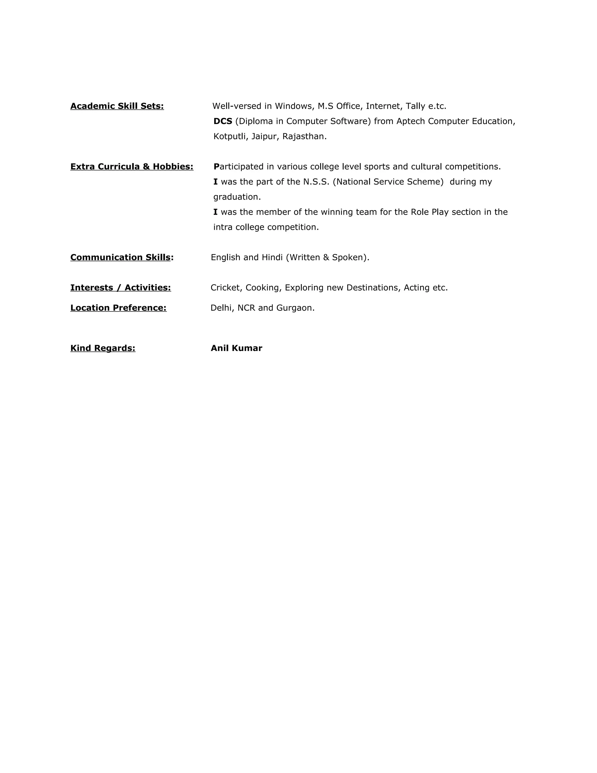 Anil Kumar - Curriculum Vitae | DOC