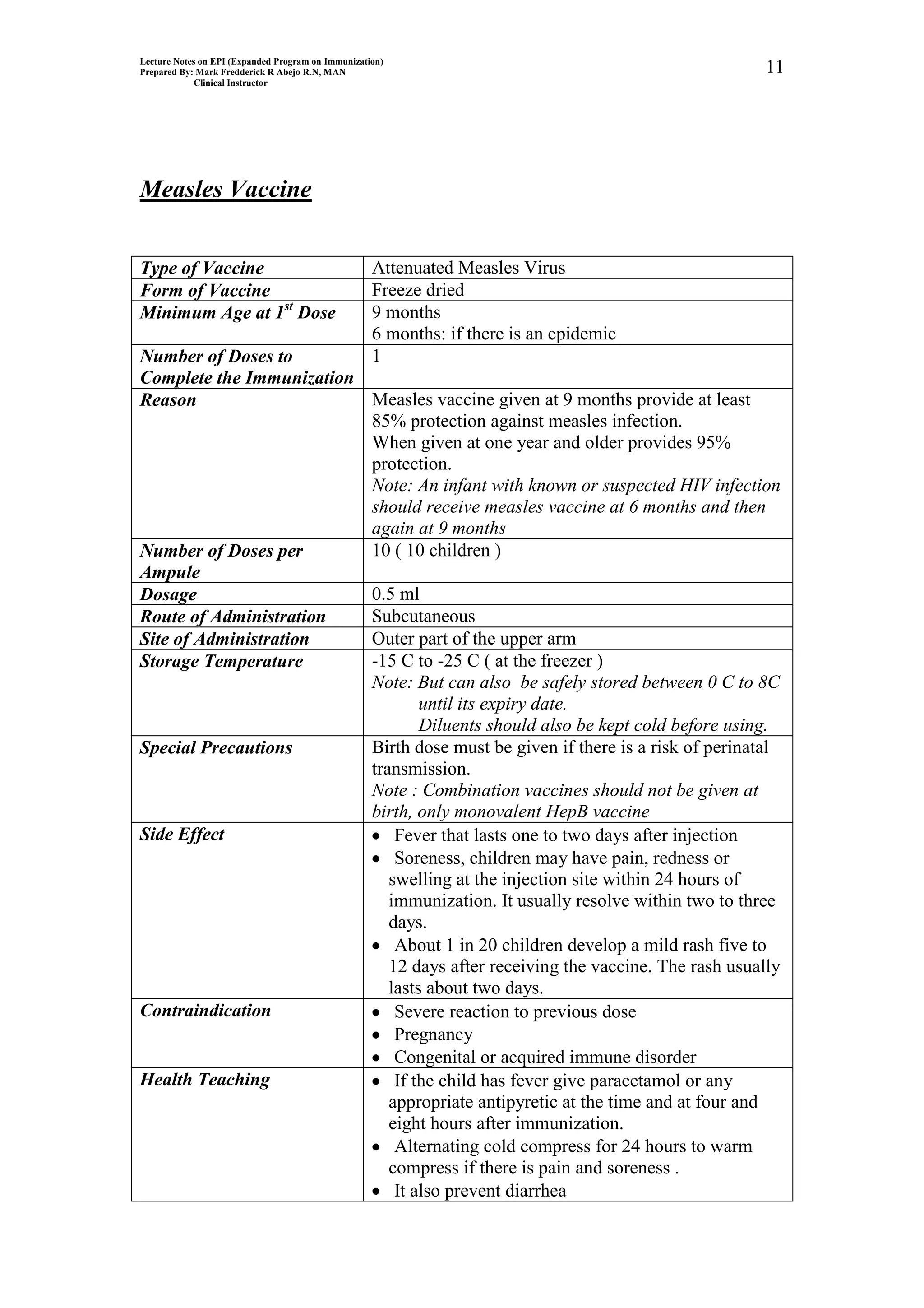 EPI Vaccines Handouts | PDF