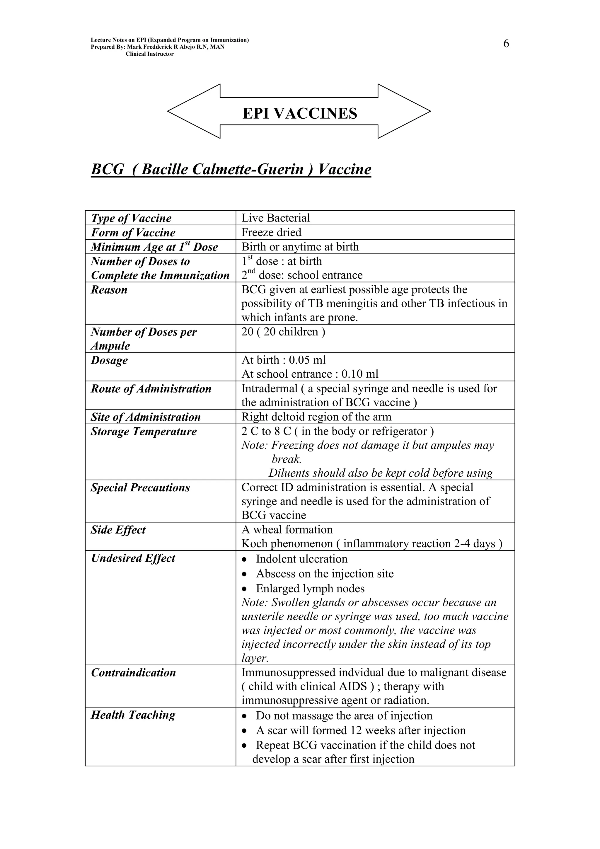 EPI Vaccines Handouts | PDF