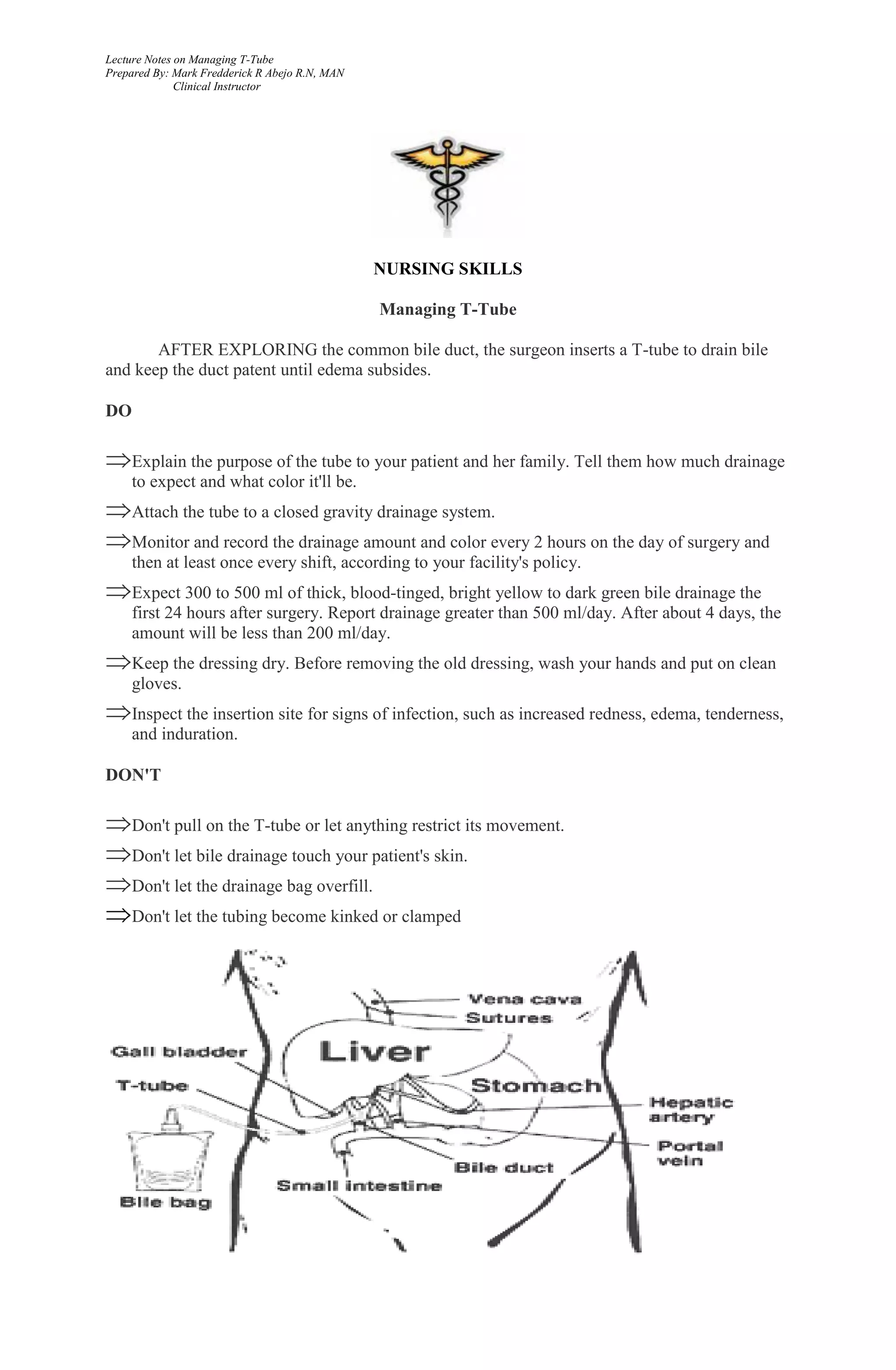 Managing a T-tube Handouts | PDF