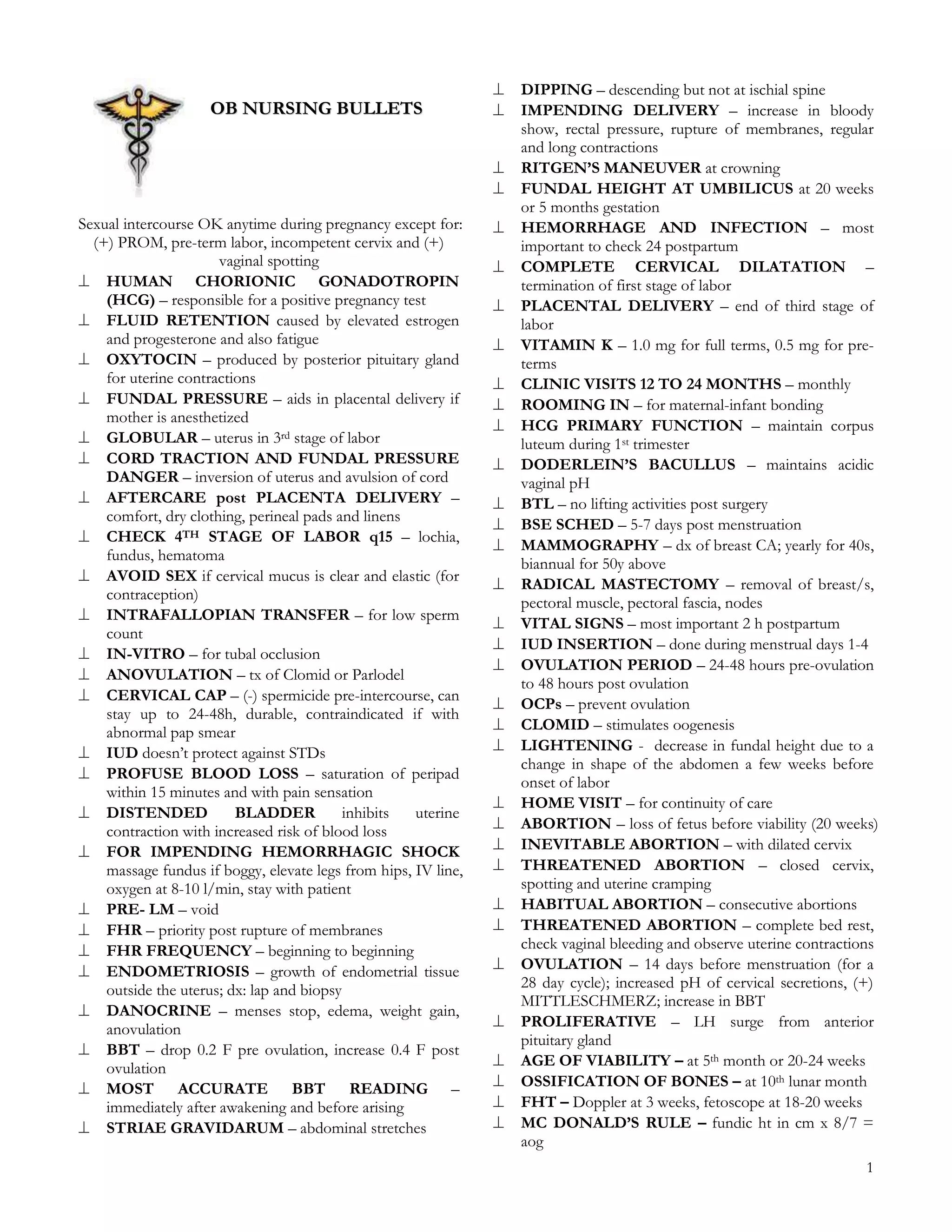 OB Nursing Bullets | PDF