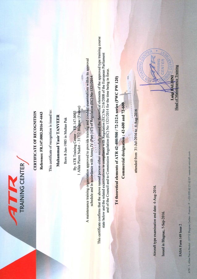 Yasir ATR42&72 Training Certf | PDF