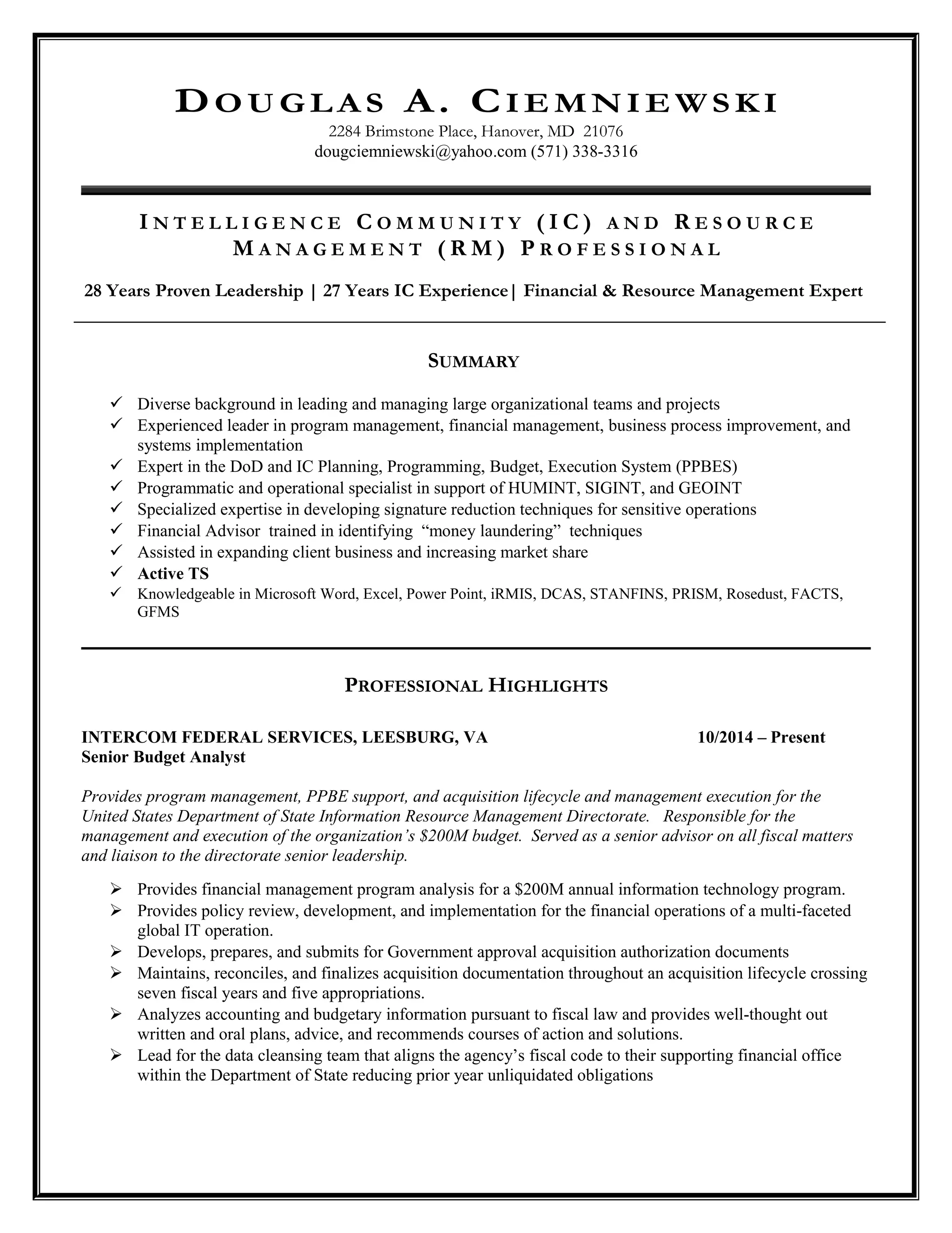 CiemniewskiResume_11_2014 | DOC | Defense Industry | Industries