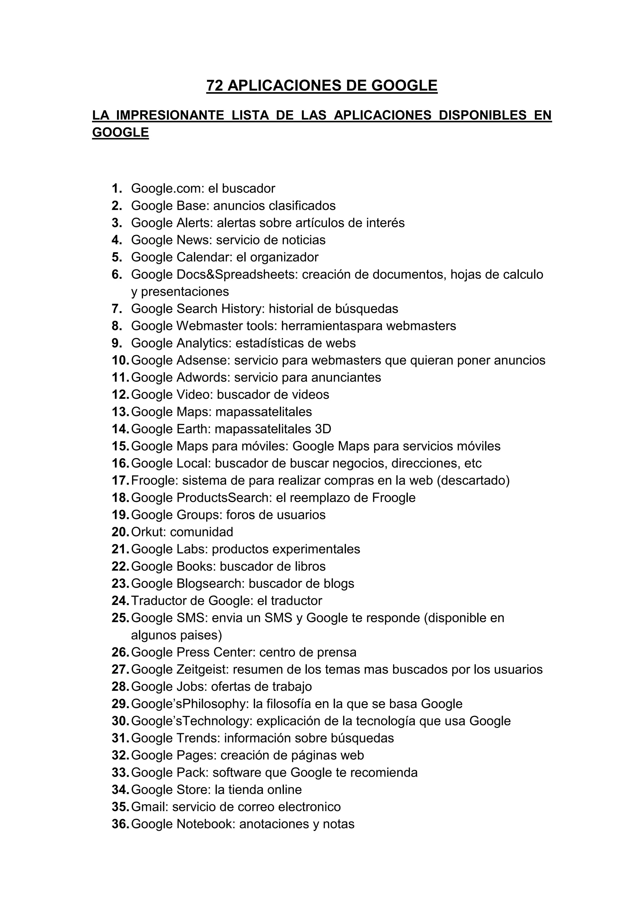 72 aplicaciones de google | DOCX