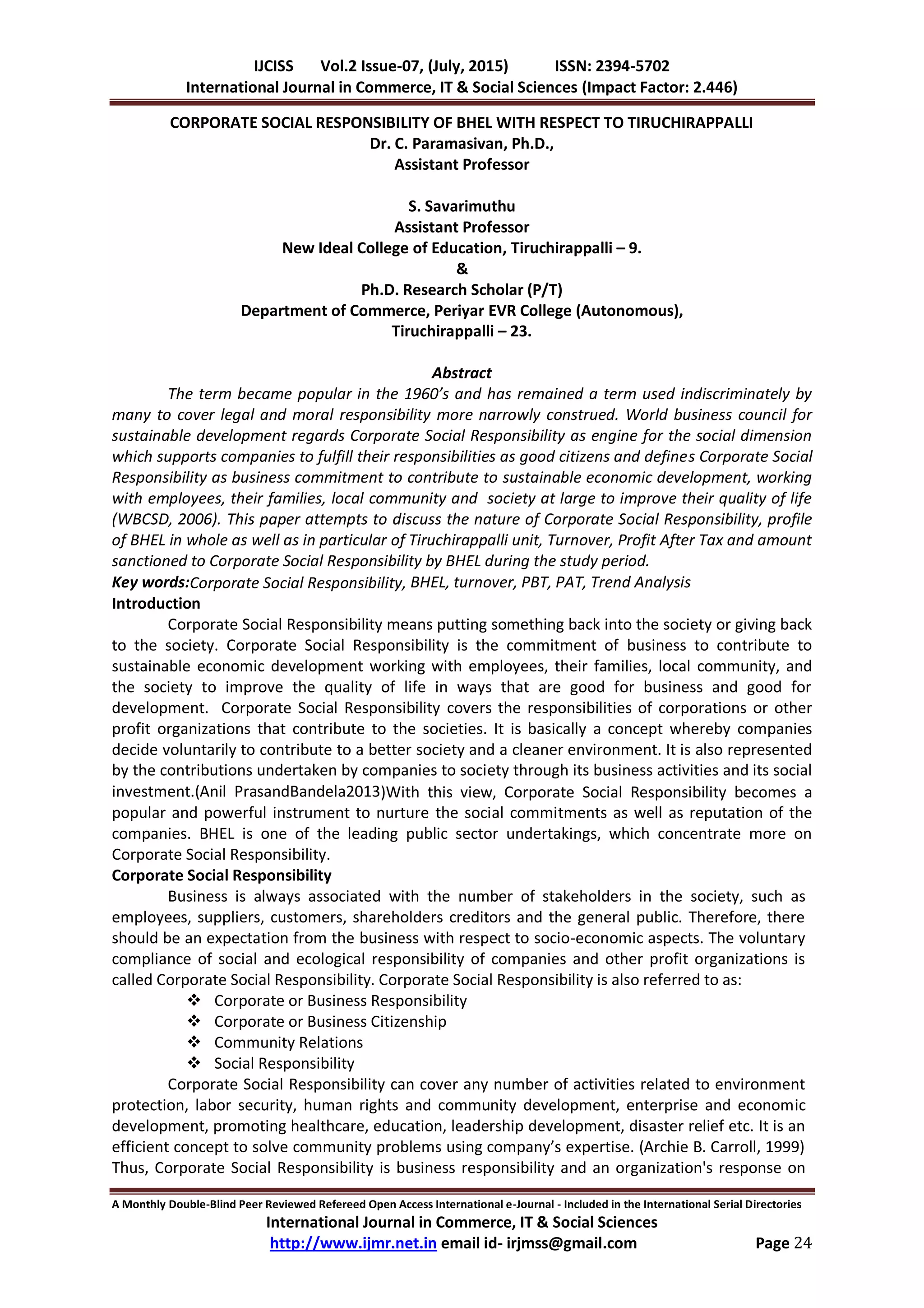 Corporate social responsibility of bhel with respect to tiruchirappalli | PDF