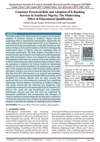 Customer Perceived Risk and Adoption of E Banking Services in Southeast Nigeria The Moderating ...
