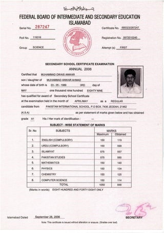 Secondary School Certificate 2006 | PDF
