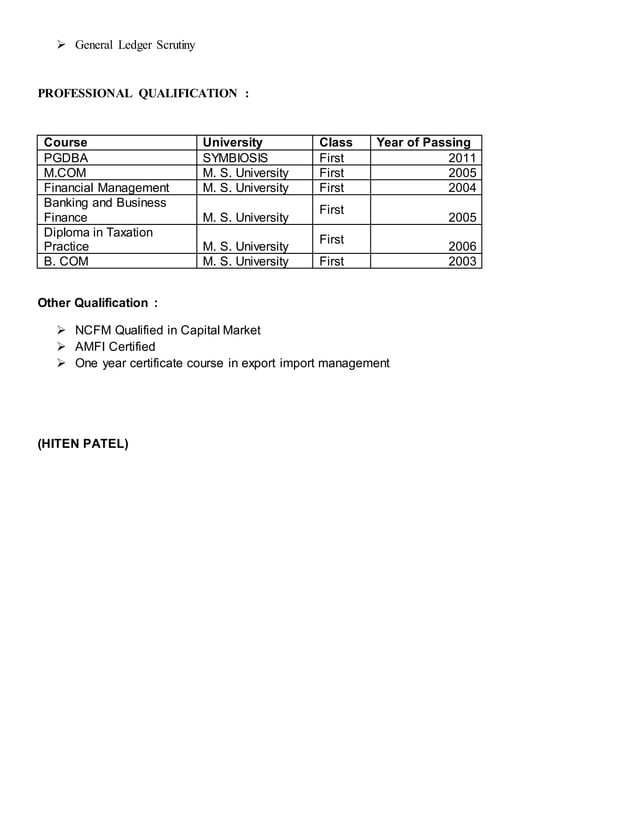 HITEN RESUME | DOCX | Business Accounting & Finance | Business