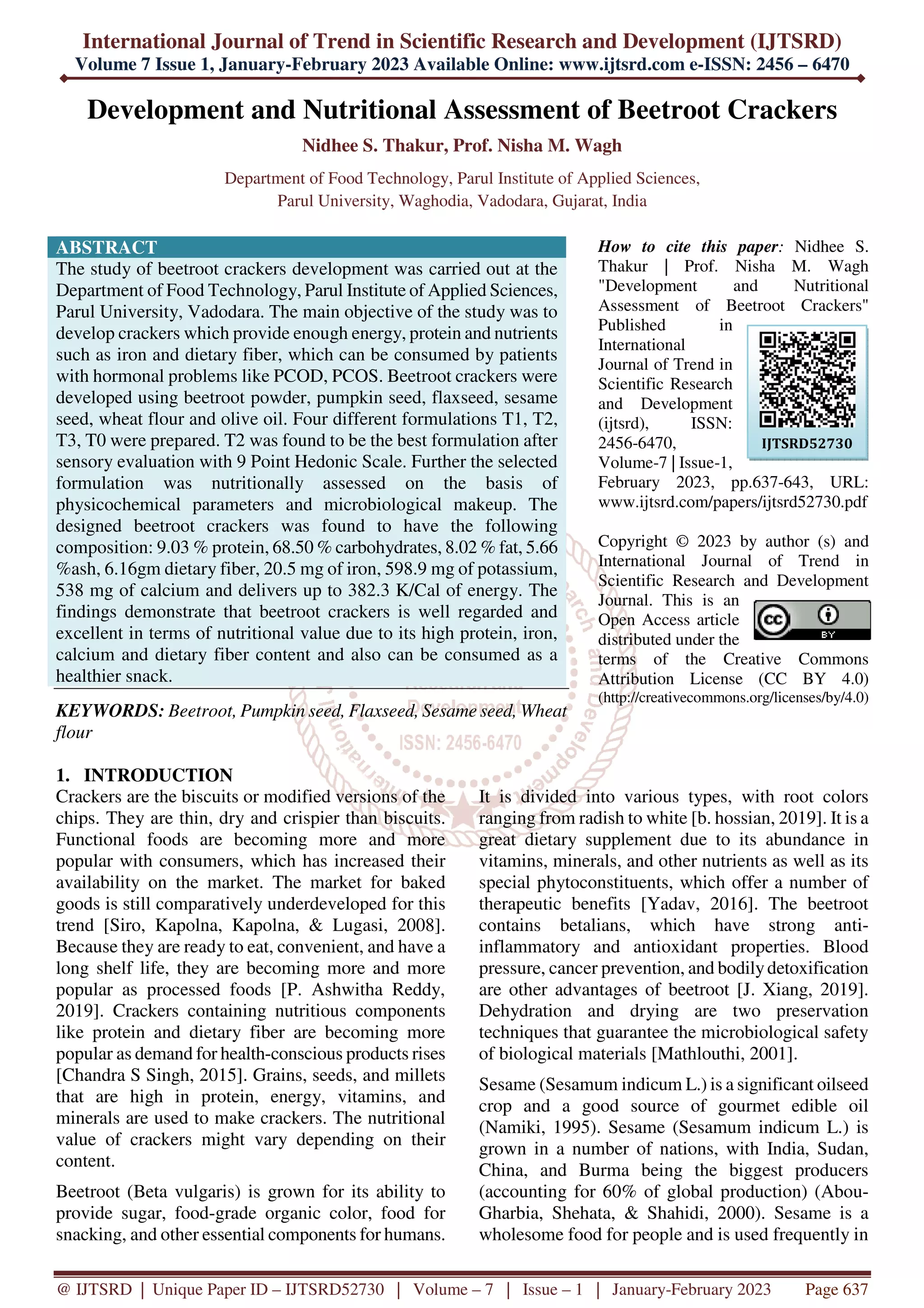 Development and Nutritional Assessment of Beetroot Crackers | PDF
