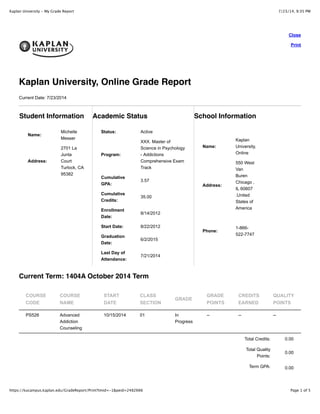 Kaplan University - My Grade Report | PDF