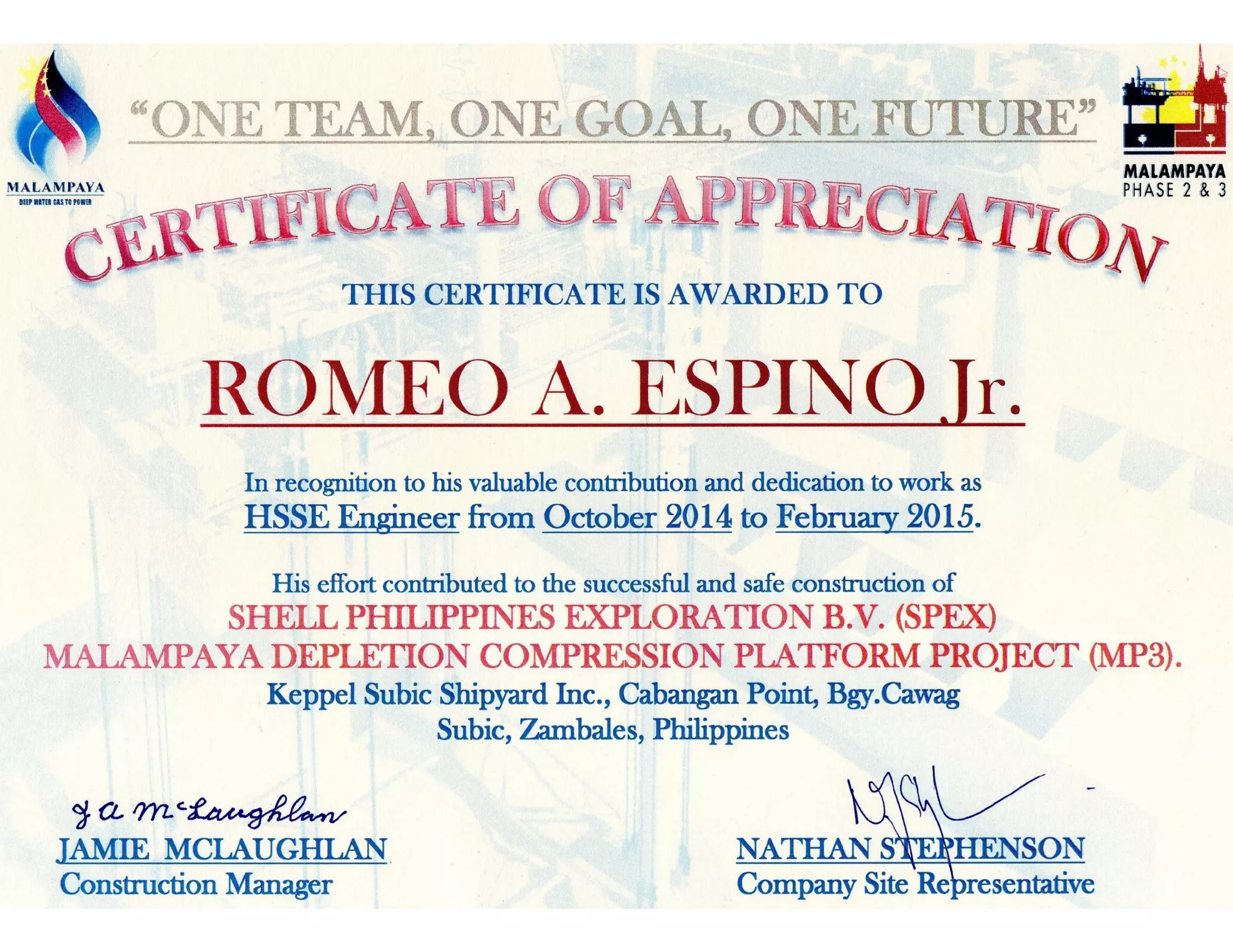 Shell Malampaya Certificate | PPT