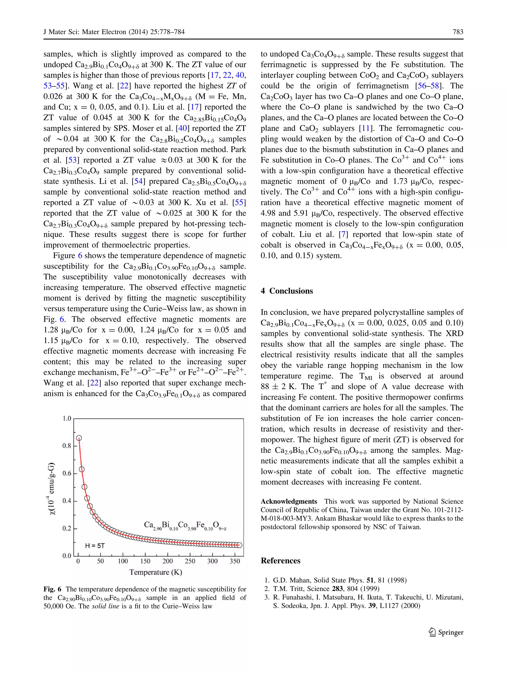 Low-temperature thermoelectric and magnetic characteristics of Ca2.9Bi0.1Co4-xFexO9+δ (0 ≤ x ≤ 0 ...