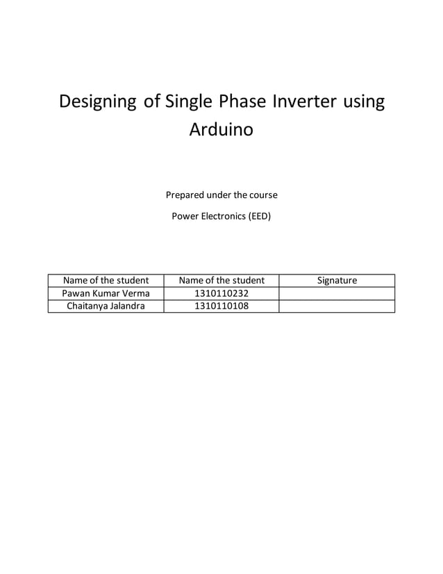 Designing of Single Phase Inverter using Arduino | DOCX