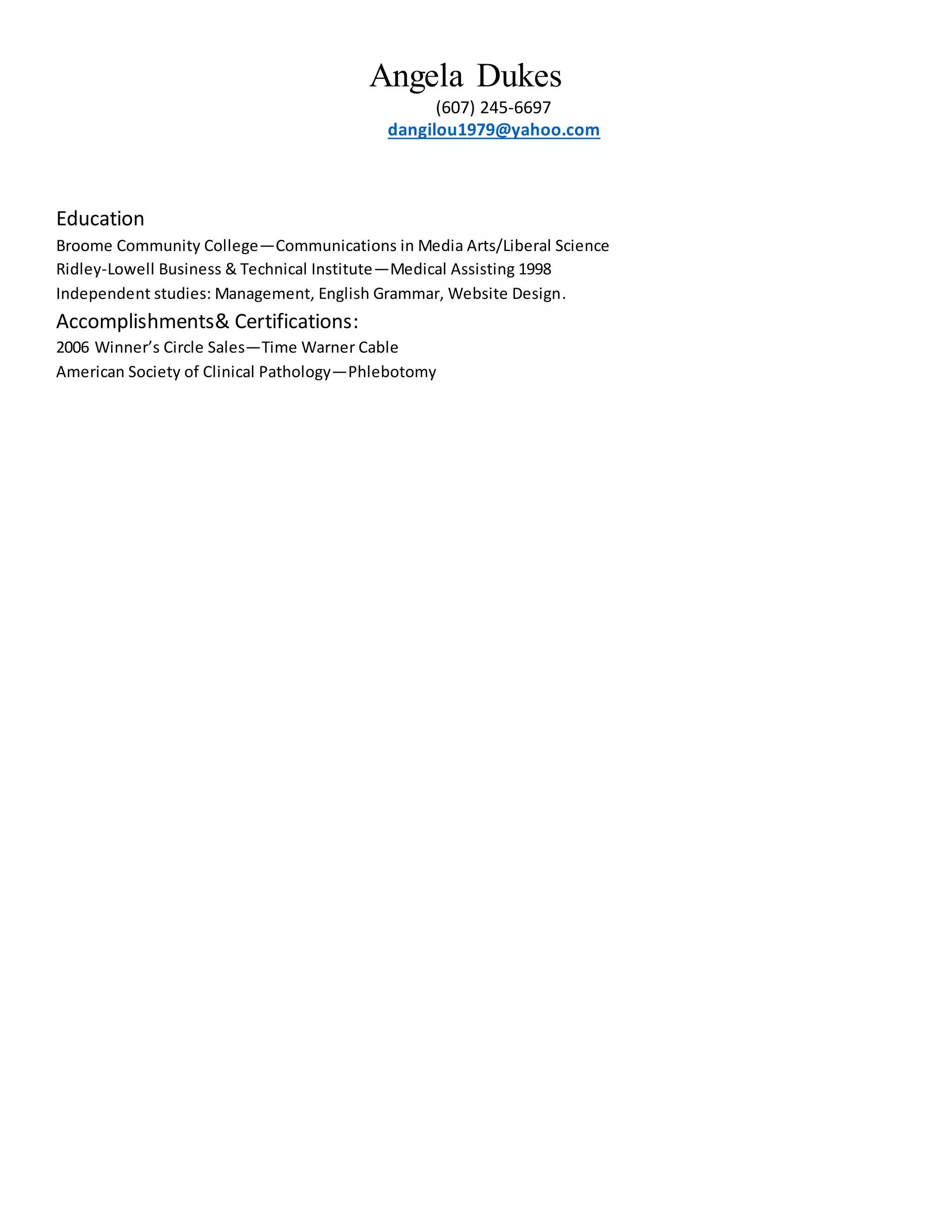 Angela Dukes resume | DOCX | Business | Business and Finance