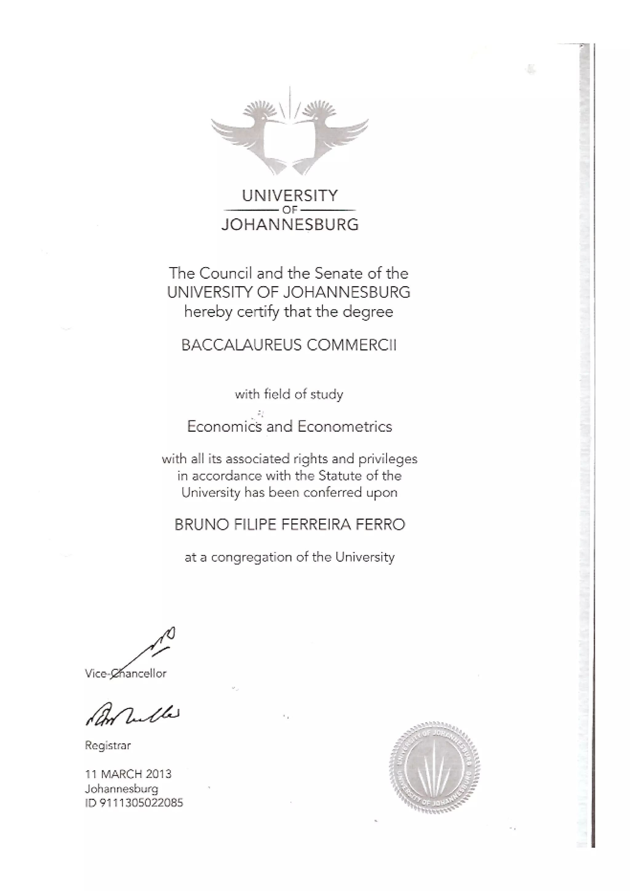 UJ Bcom Economics & Econmetrics and Honours Certificate | PDF