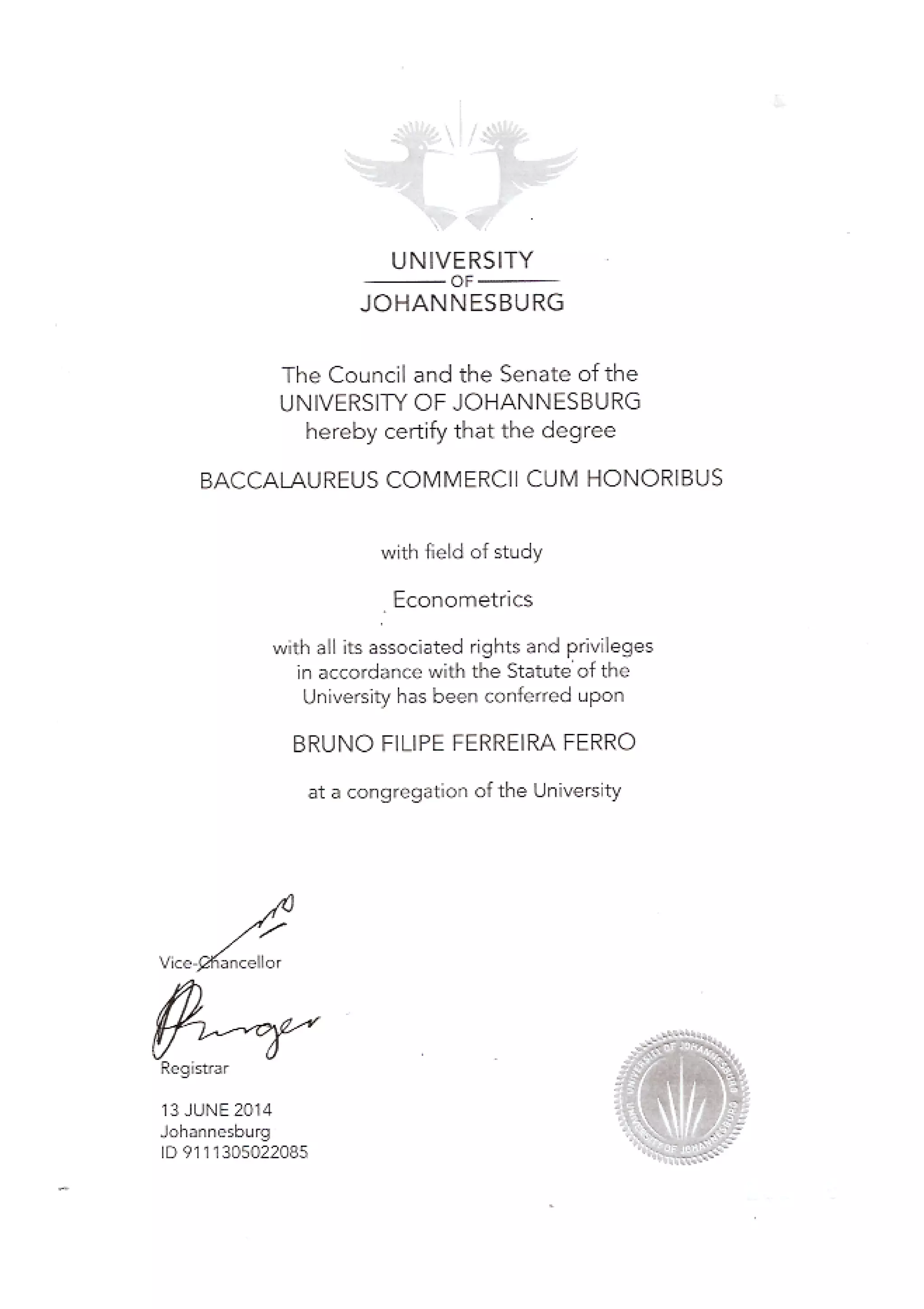 UJ Bcom Economics & Econmetrics and Honours Certificate | PDF