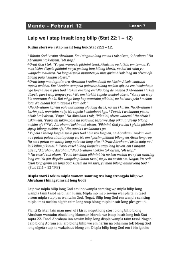 7.2 Laip we i stap insait long bilip (Stat 22:1 – 12) | PDF