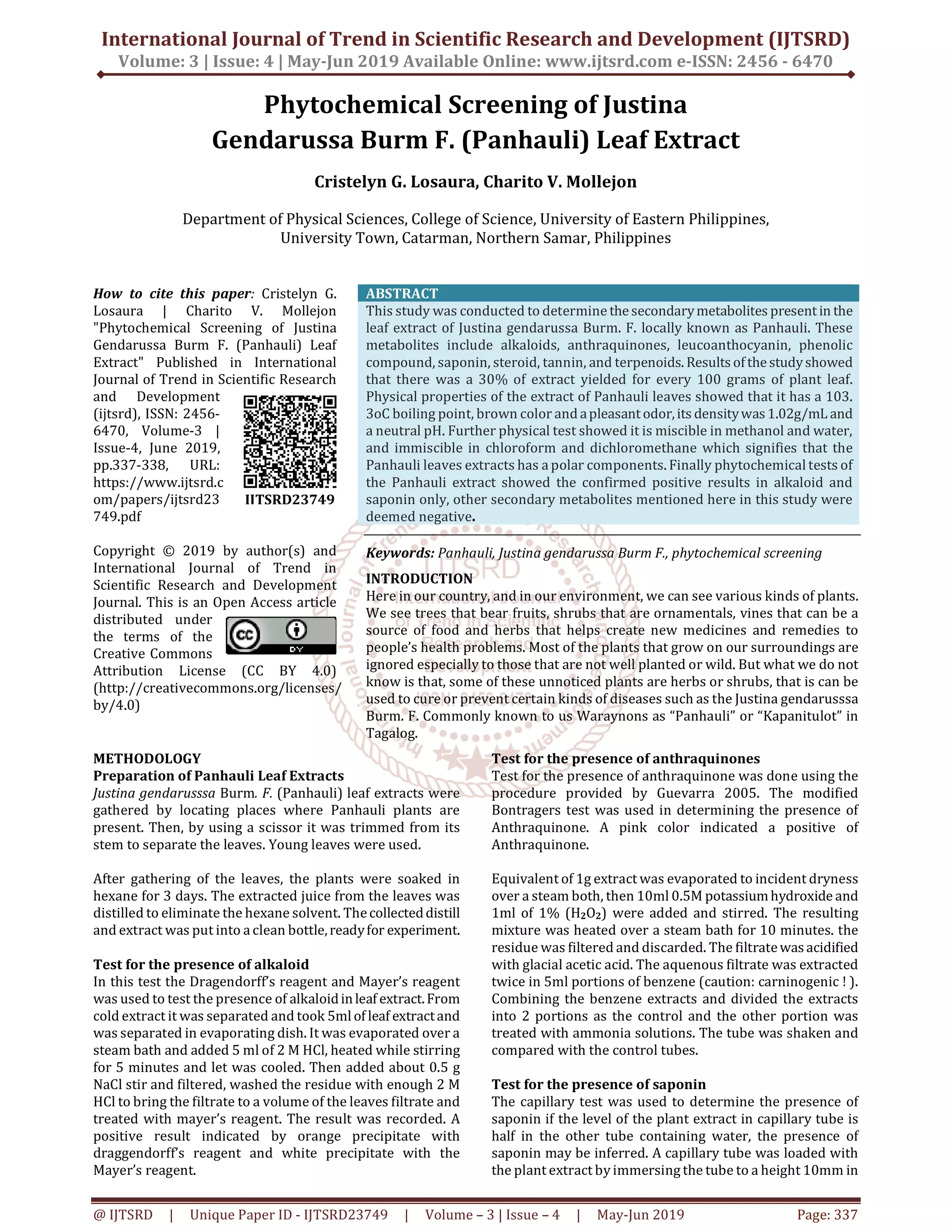 Phytochemical Screening of Justina Gendarussa Burm F. Panhauli Leaf ...