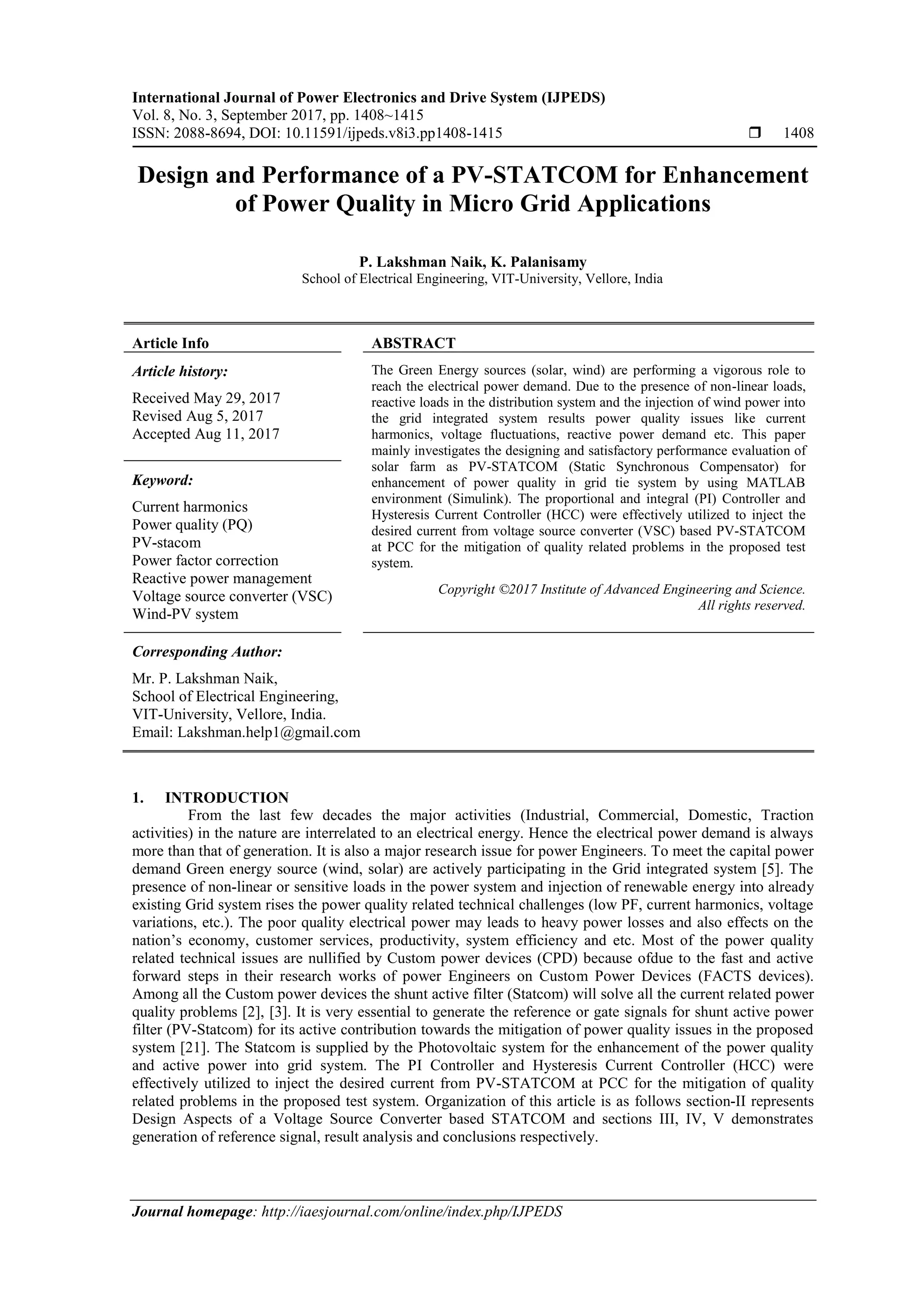 Design and Performance of a PV-STATCOM for Enhancement of Power Quality ...