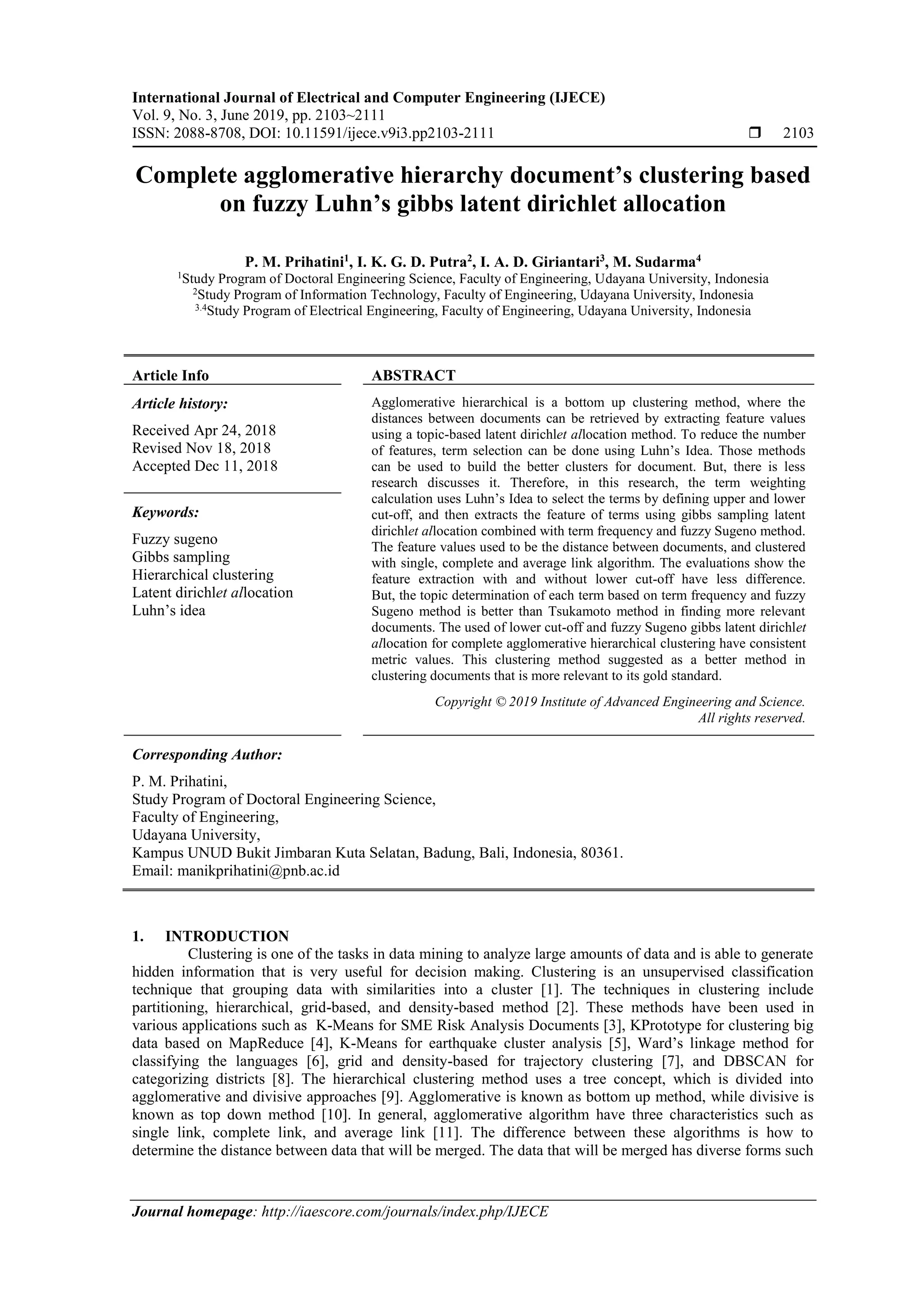 Complete Agglomerative Hierarchy Documents Clustering Based On Fuzzy
