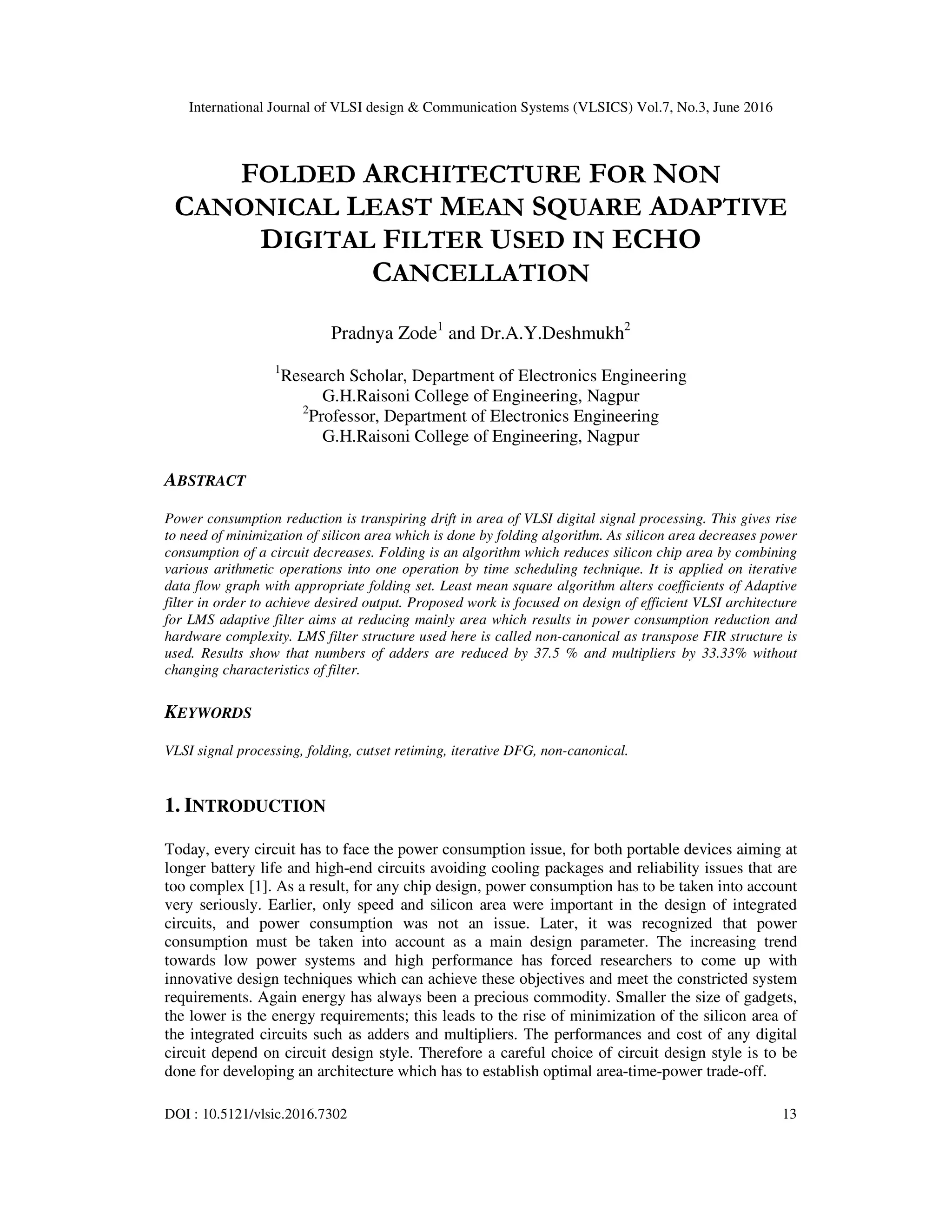 FOLDED ARCHITECTURE FOR NON CANONICAL LEAST MEAN SQUARE ADAPTIVE DIGITAL FILTER USED IN ECHO ...