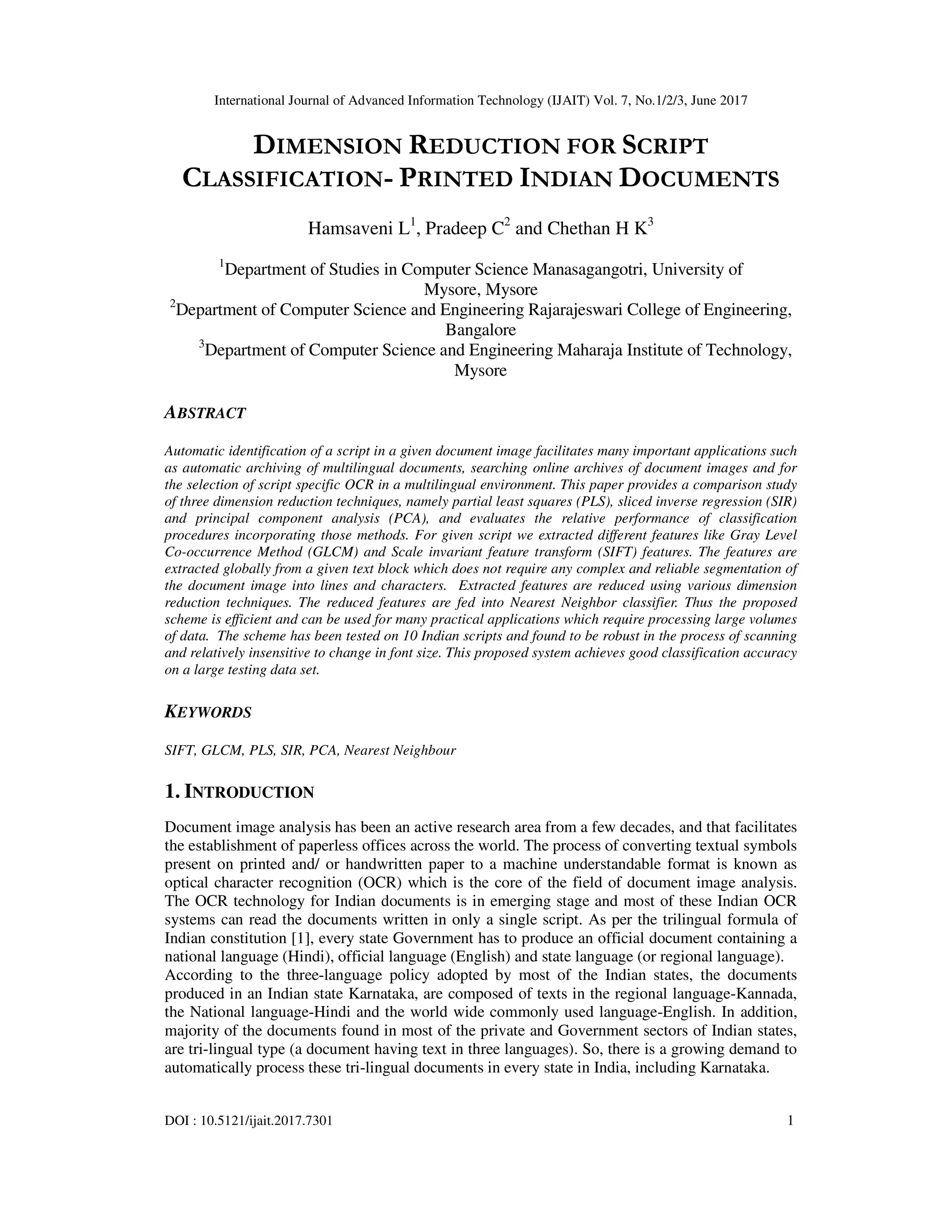 DIMENSION REDUCTION FOR SCRIPT CLASSIFICATION- PRINTED INDIAN DOCUMENTS ...
