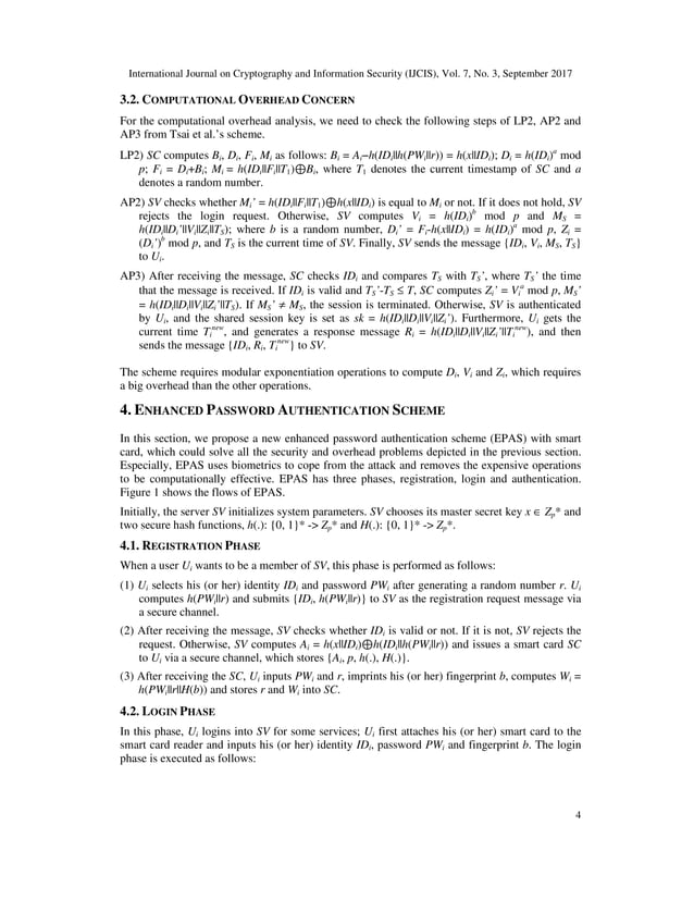 CRYPTANALYSIS AND ENHANCEMENT OF PASSWORD AUTHENTICATION SCHEME FOR SMART CARD | PDF