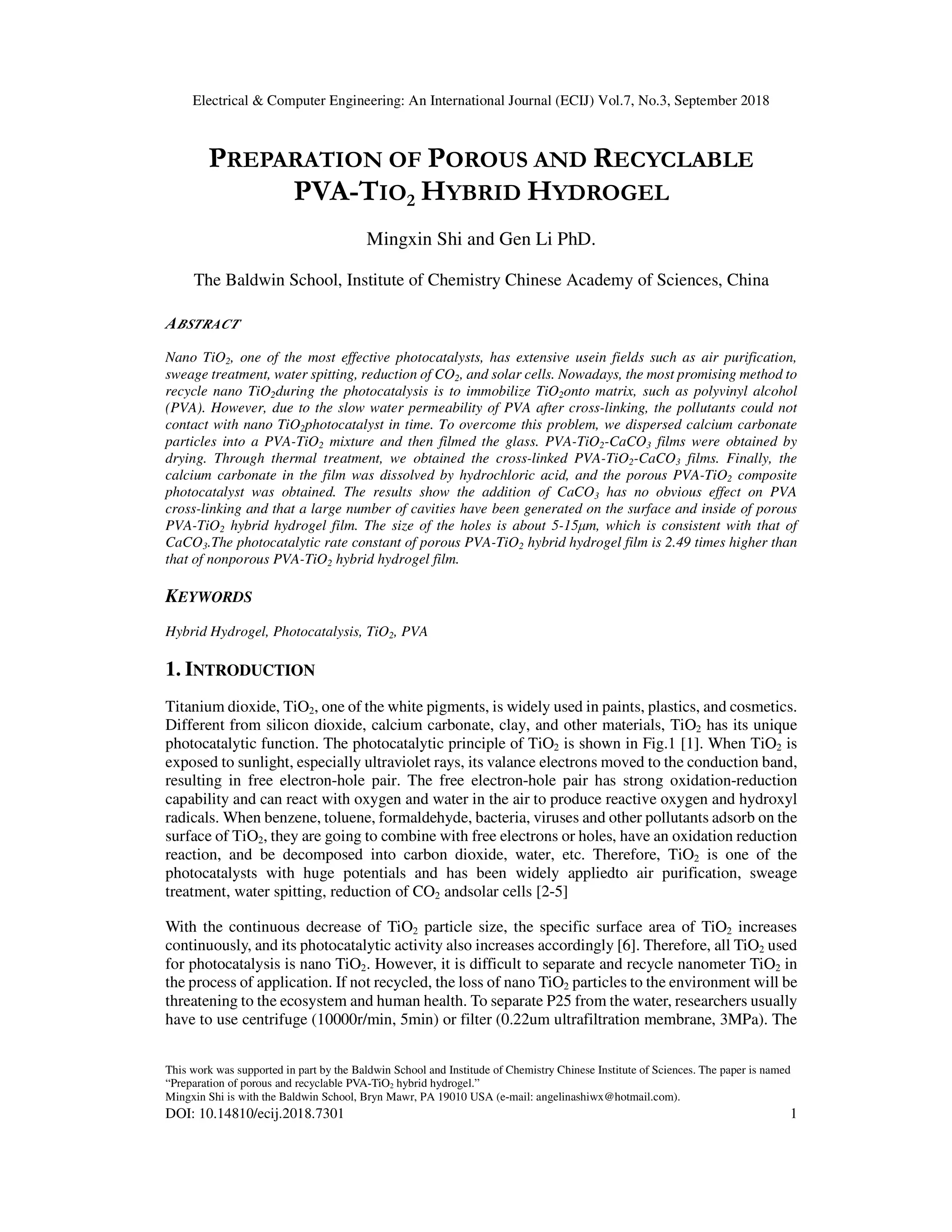 PREPARATION OF POROUS AND RECYCLABLE PVA-TIO2 HYBRID HYDROGEL | PDF