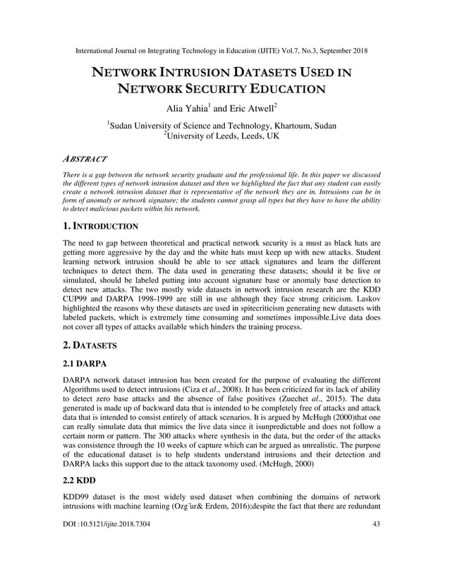 Network Intrusion Datasets Used In Network Security Education | PDF