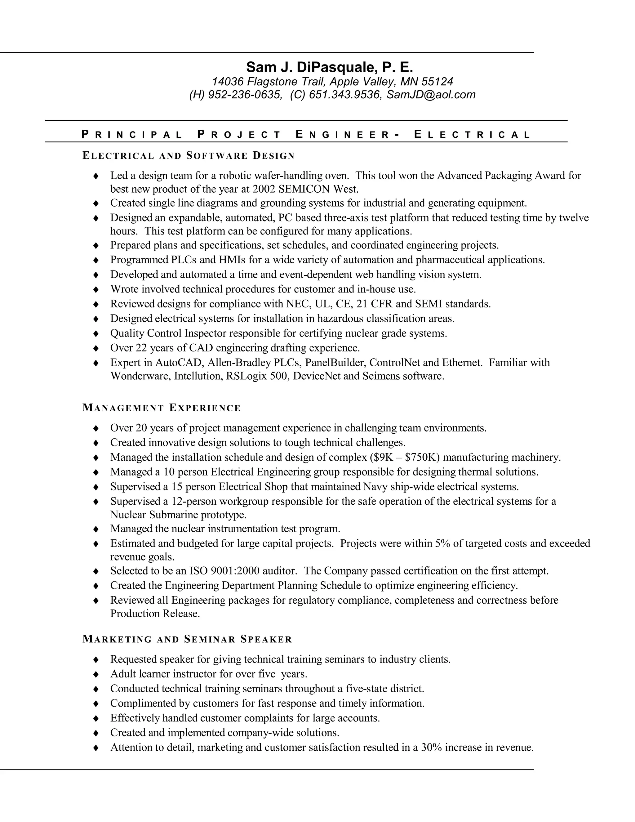 Resume - DiPasquale -Principal Project Engineer - Electrical | PDF
