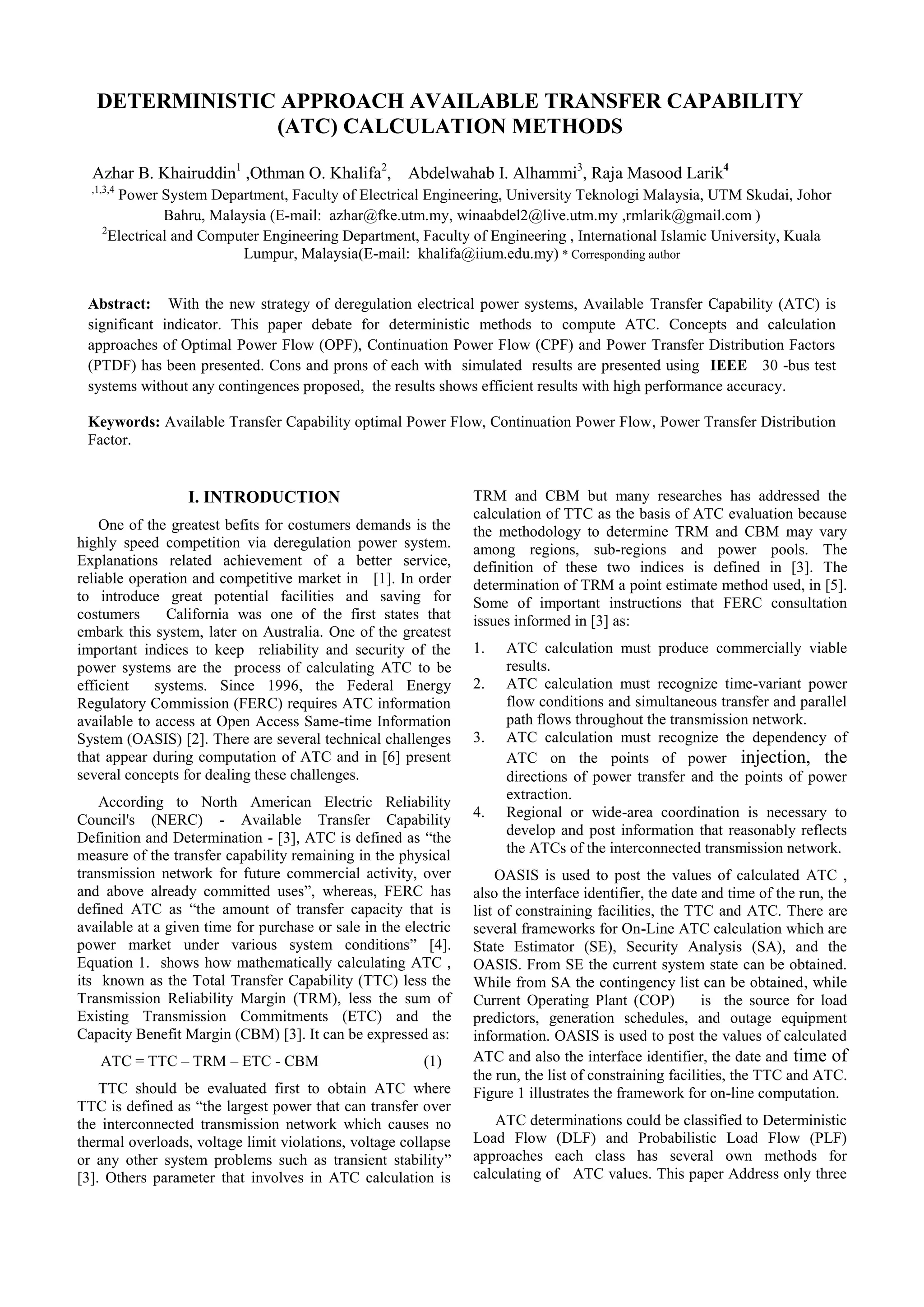 DETERMINISTIC APPROACH AVAILABLE TRANSFER CAPABILITY (ATC) CALCULATION METHODS | PDF