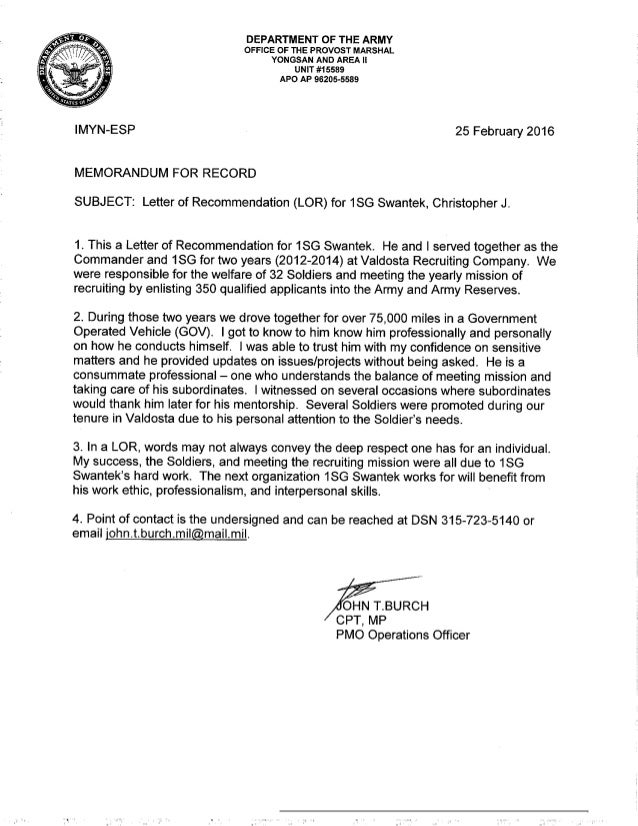 1SG Swantek LOR from Tom Burch