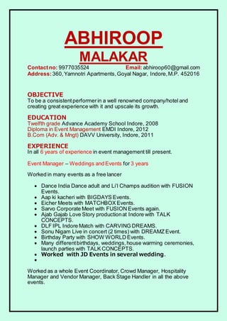 Abhiroop Malakar CV (1) | DOCX | Wedding | Personal Celebrations & Life Events