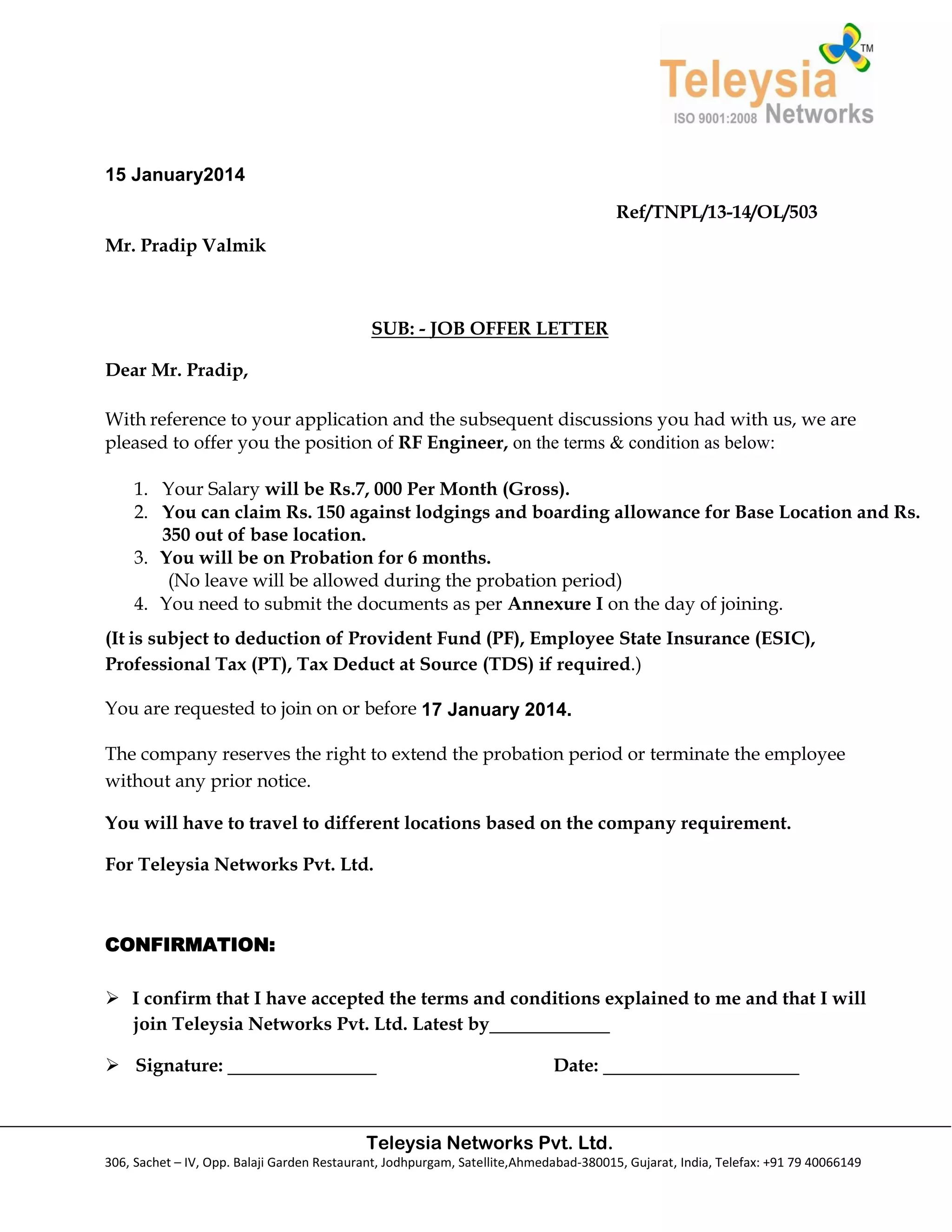 Offer Letter- Mr. Pradip Valmik | PDF