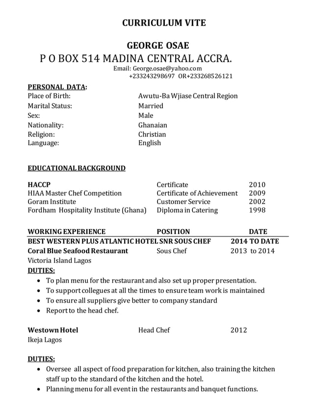 george cv(8) | DOCX | Dining Out | Food & Drink