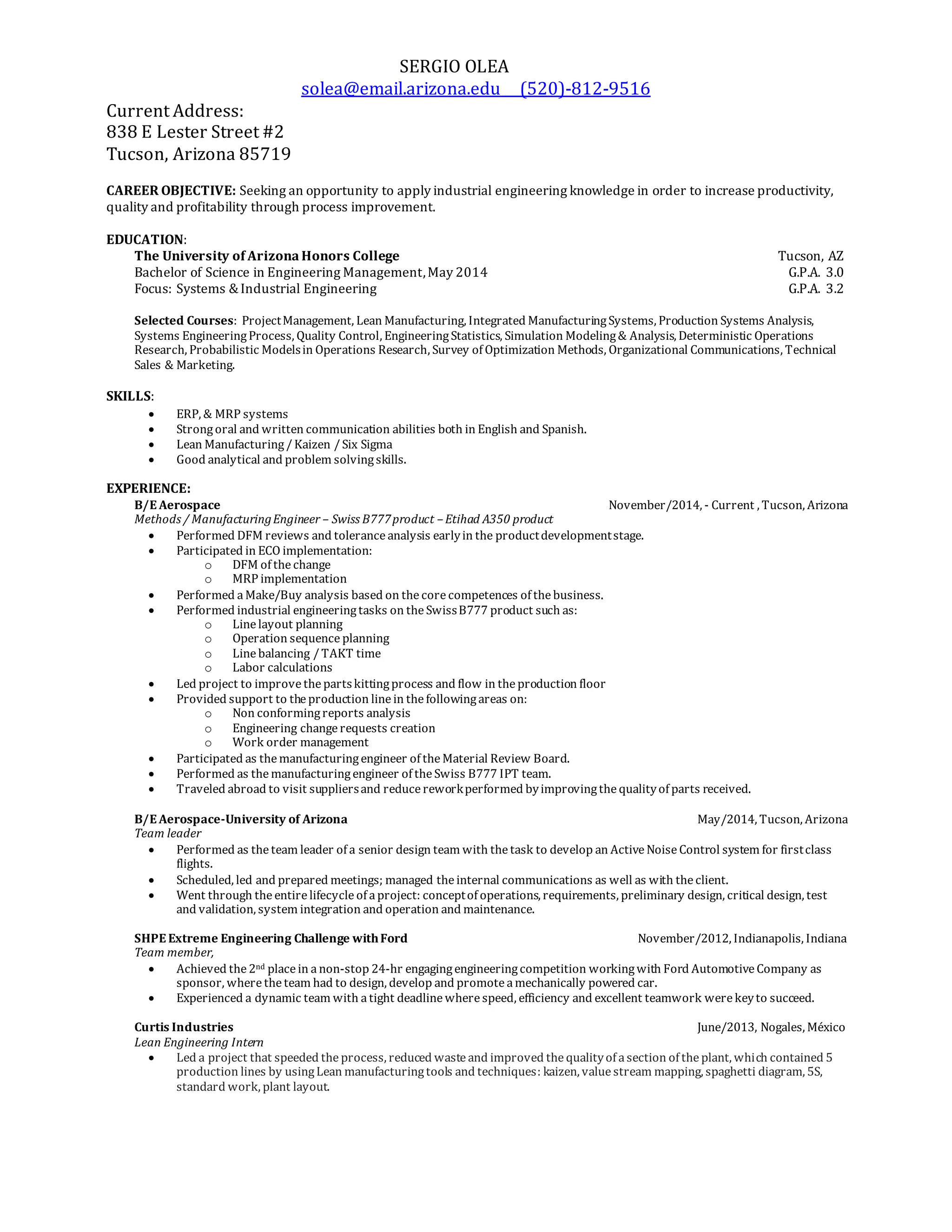 Curriculum vitae - Sergio Olea | DOCX | Mechanical and Industrial ...