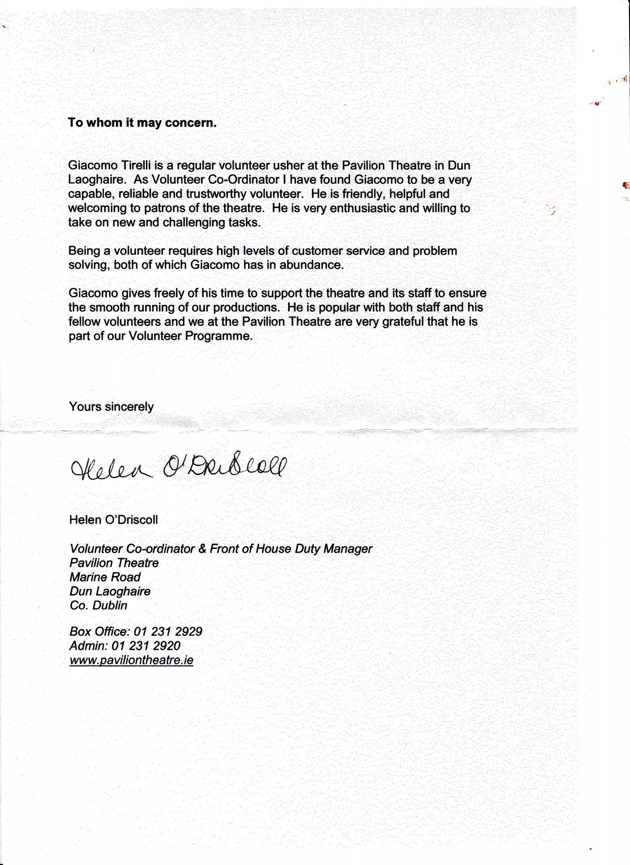Reference Letter for Giacomo Tirelli from Helen O'Driscoll-Pavilion ...