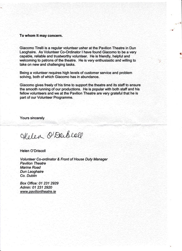 Reference Letter for Giacomo Tirelli from Helen O'Driscoll-Pavilion ...