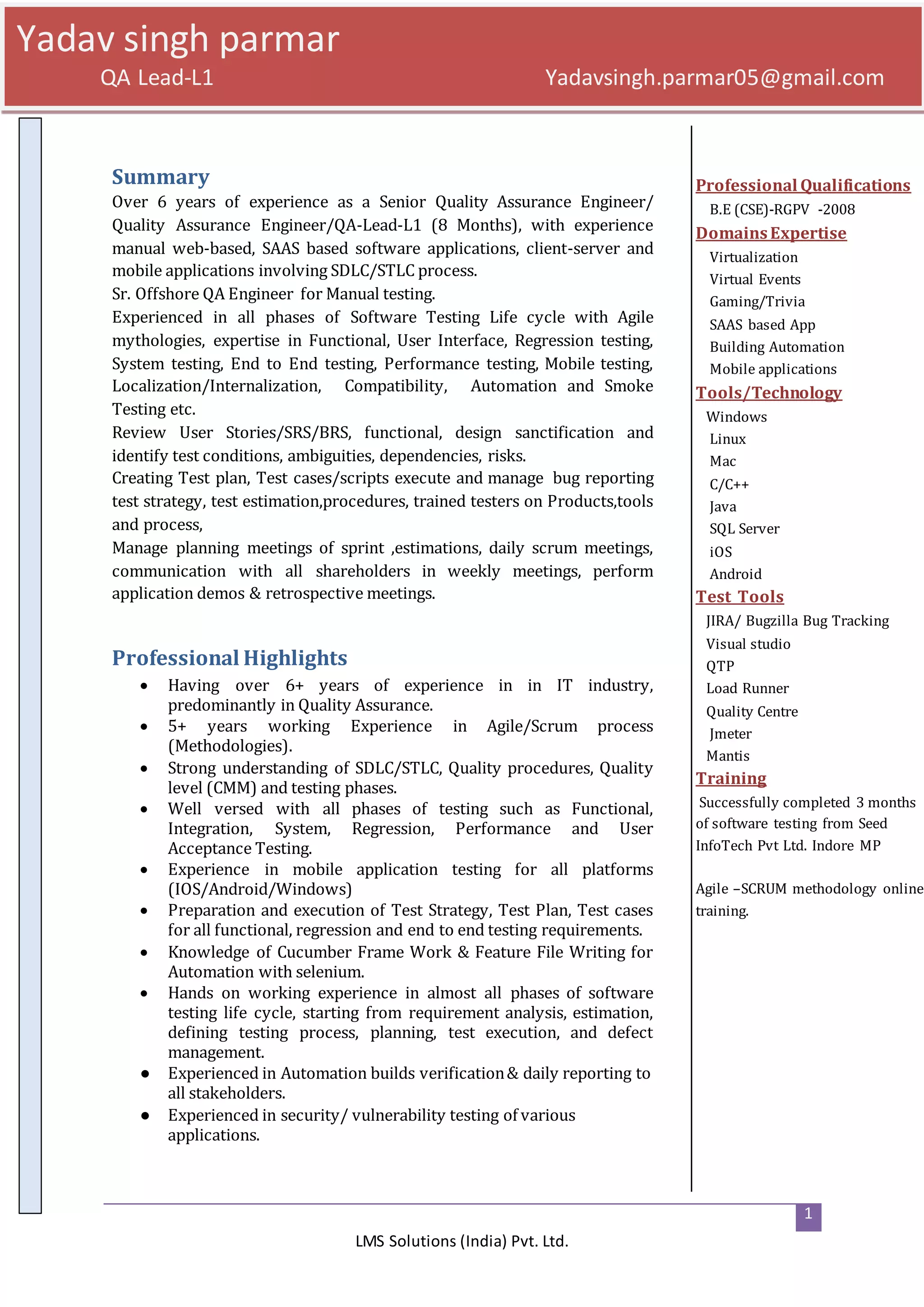 Resume _Yadav Singh parmar | DOCX | Web Conferencing | Computer Software and Applications