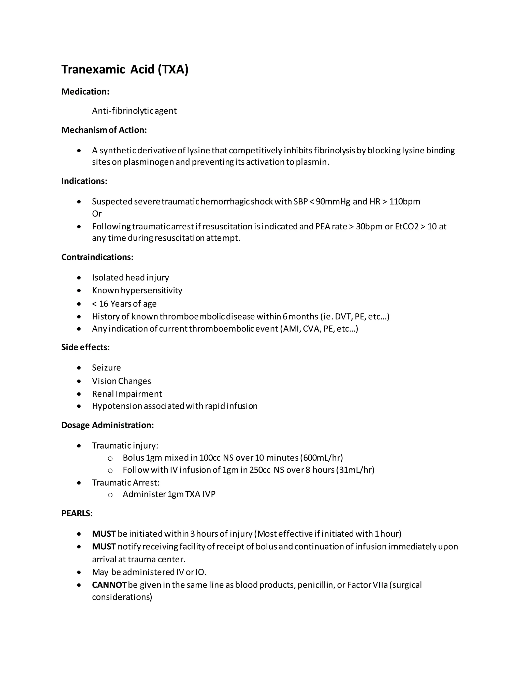 Tranexamic Acid Protocol | DOCX | Chemistry | Science