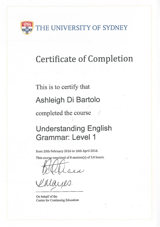 Certificate of Completion - Understanding English Grammar Level 1 | PDF