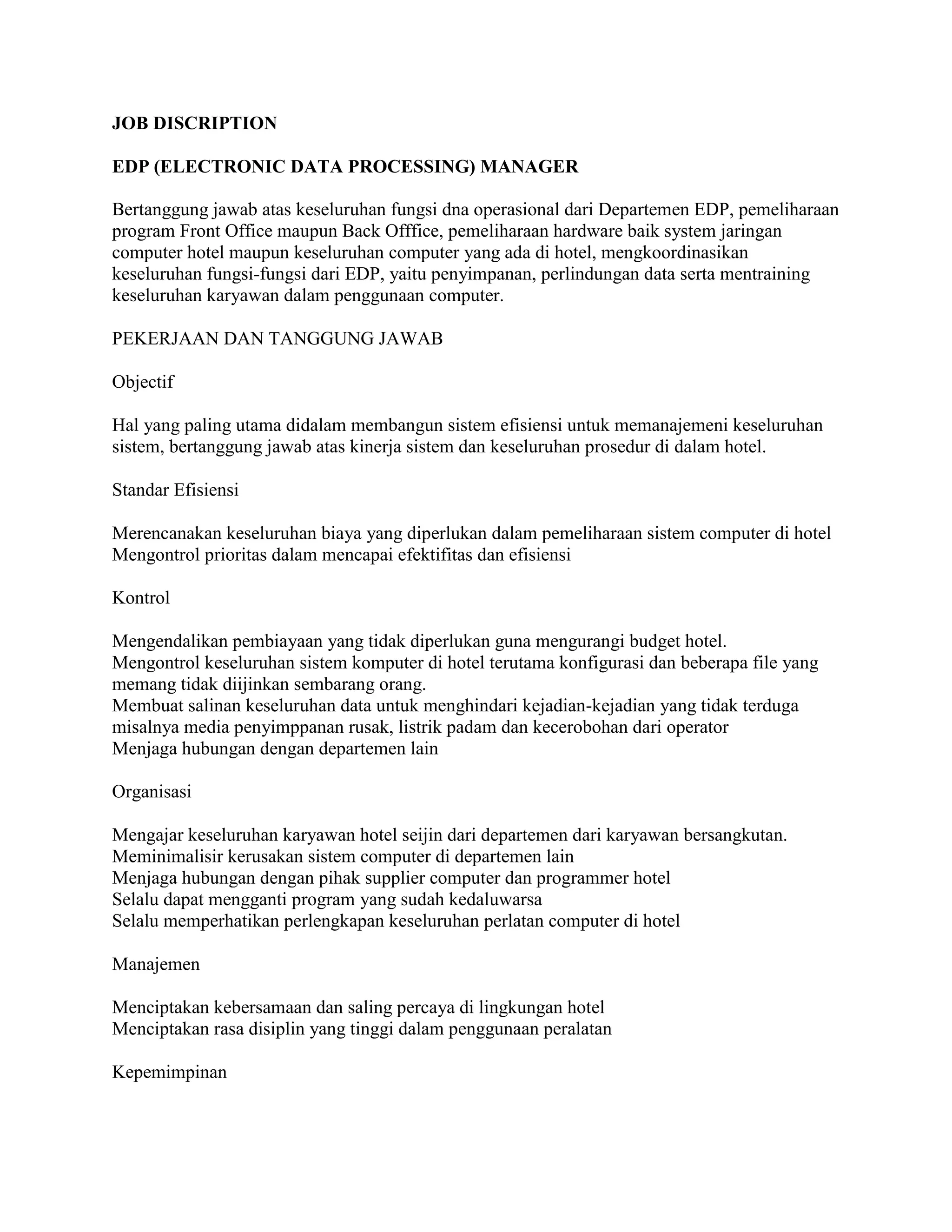 EDP/MIS manager Job Description | DOC
