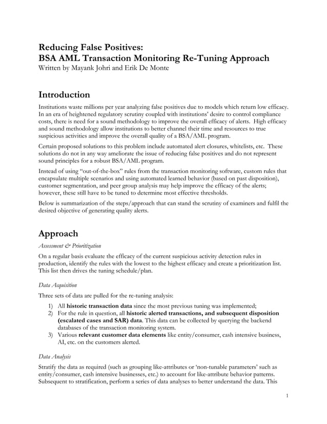 Reducing False Positives - BSA AML Transaction Monitoring Re-Tuning Approach | PDF